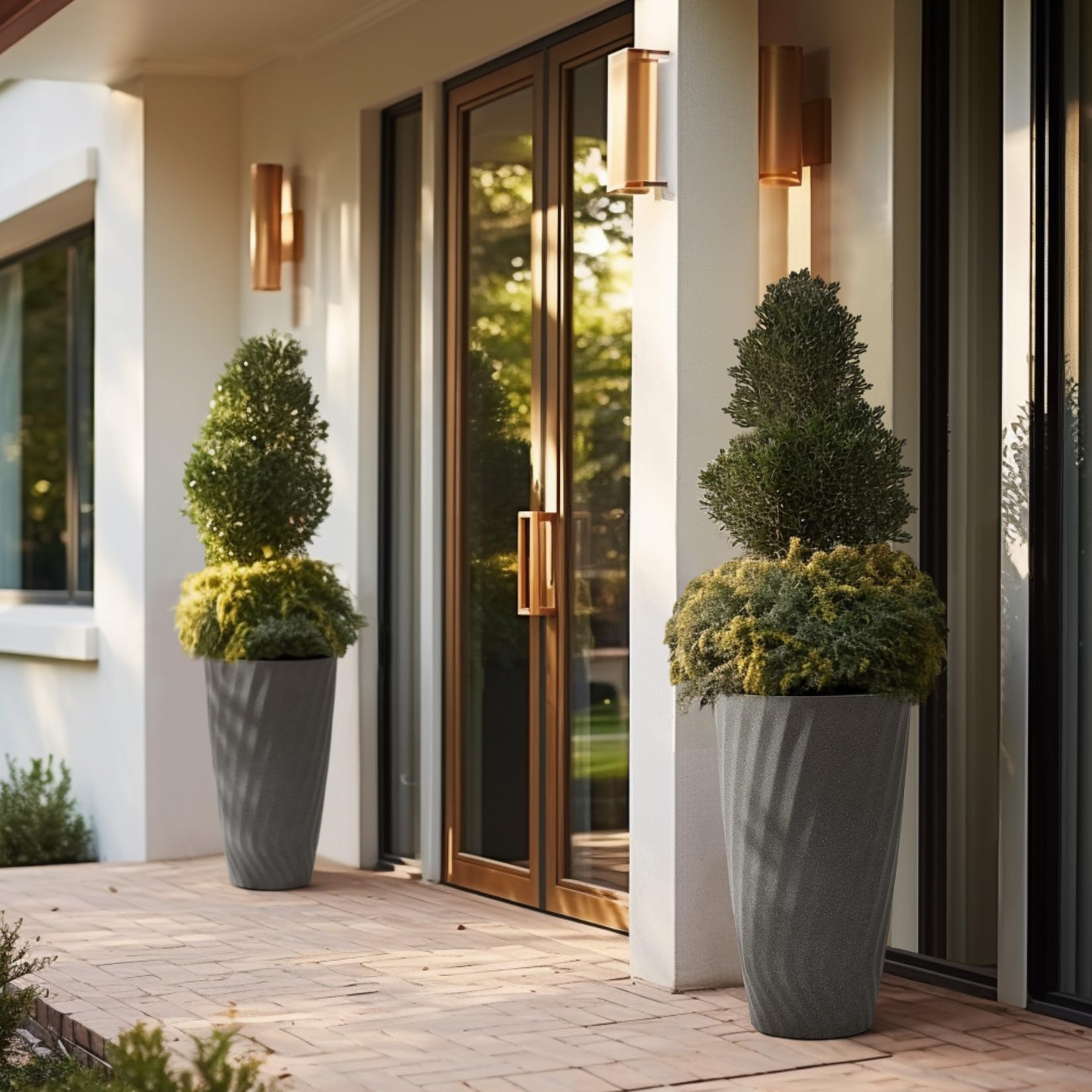 LA JOLIE MUSE 24 Inch Tall Planters, Set of 2 Grey Tree Planters with Shelf Insert, Morden Large Round Plant Pots Containers for Indoor/Outdoor, Front Door, Patio and Deck