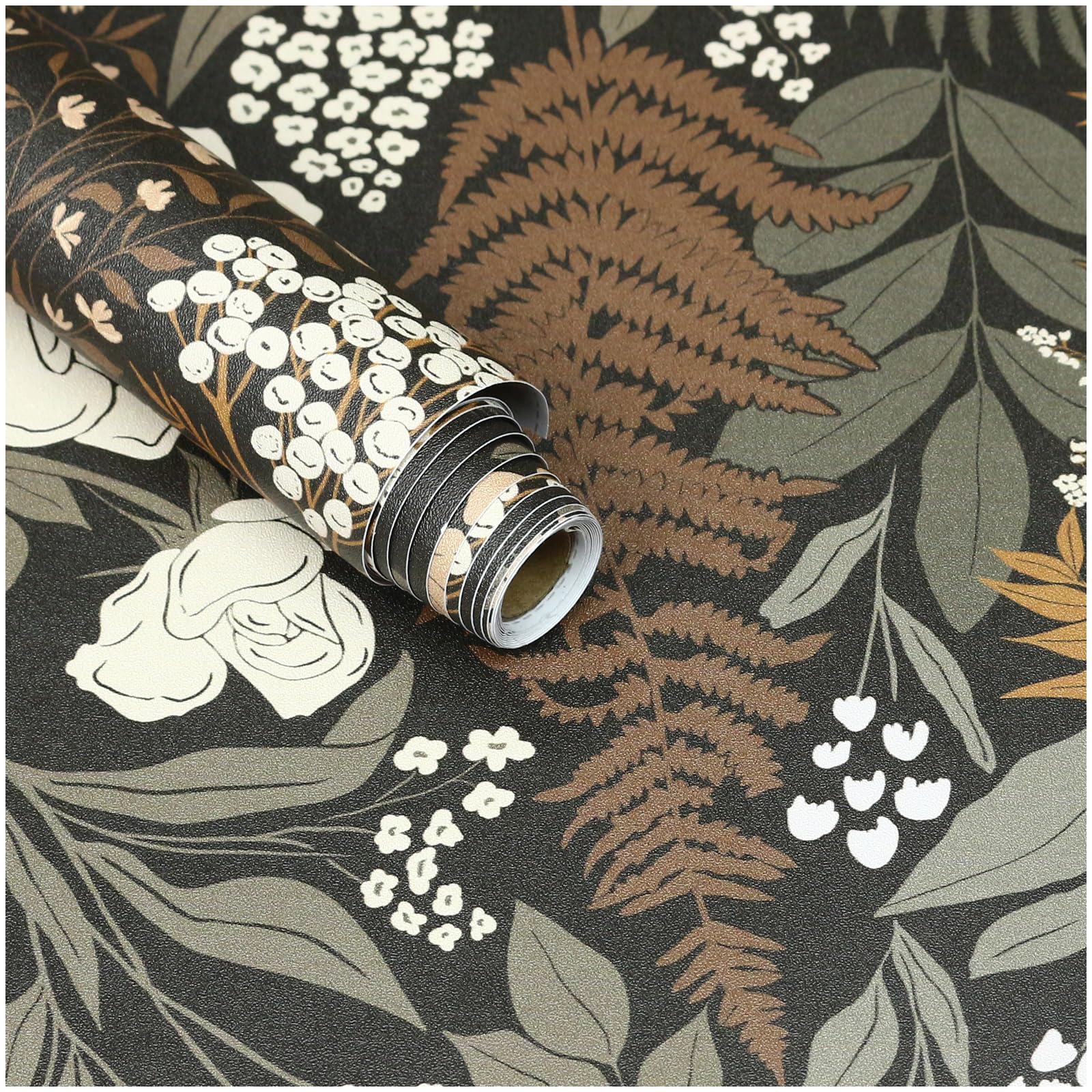 HAOKHOME Peel and Stick Wallpaper Floral Vintage Removable Rose Leaf Black/Brown/Beige Stick on Mural 17.7in x 6.6ft