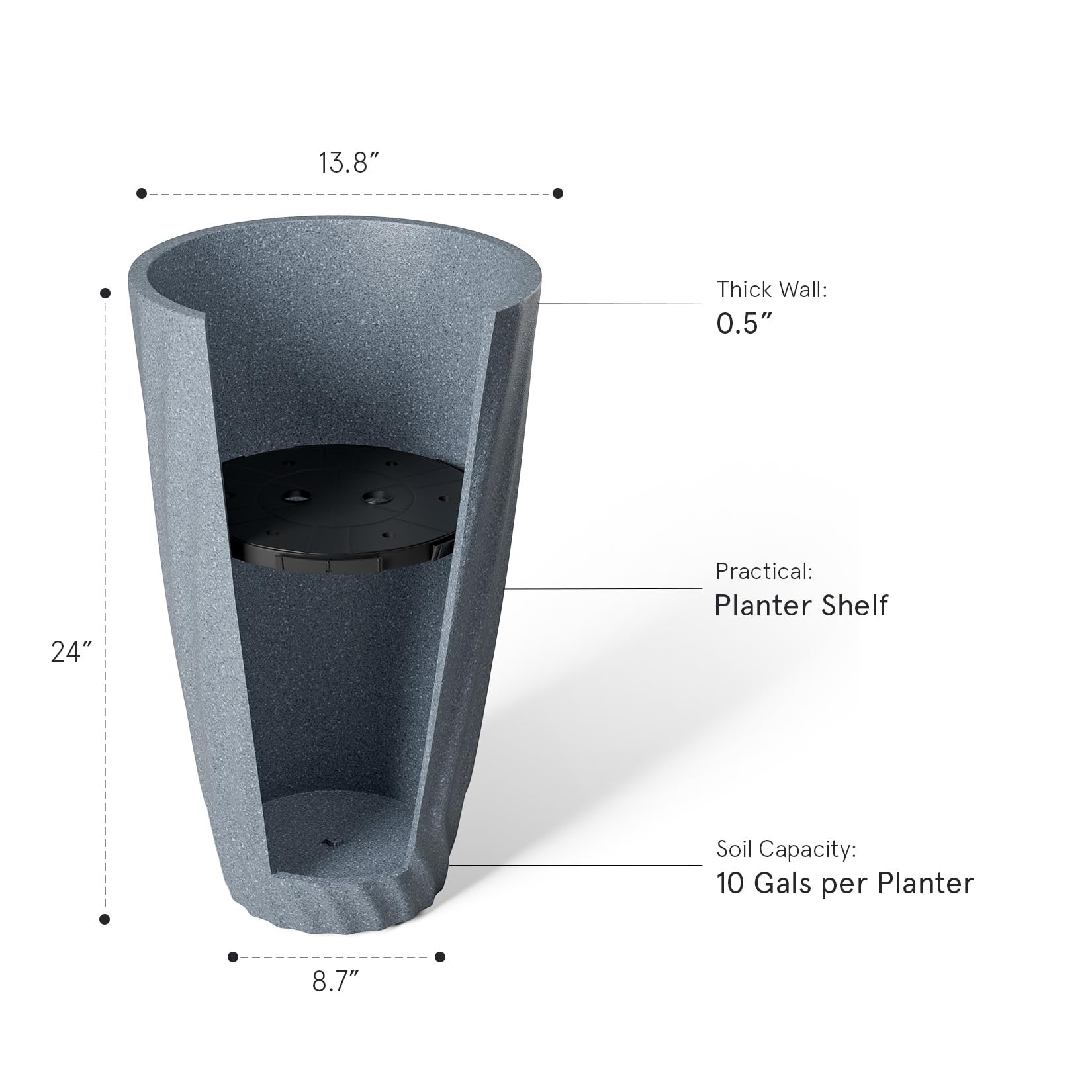 LA JOLIE MUSE 24 Inch Tall Planters, Set of 2 Grey Tree Planters with Shelf Insert, Morden Large Round Plant Pots Containers for Indoor/Outdoor, Front Door, Patio and Deck