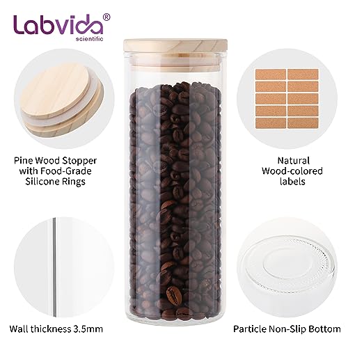Labvida 6pcs Glass Food Storage Jars 21.3/33/62.6oz-3/2/1pcs Food Containers with Airtight Pine Lids, for Pasta, Cookies, Nuts, Coffee Beans, Canisters for Kitchen, Pantry, LVAG009