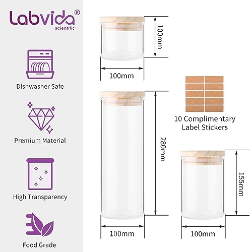 Labvida 6pcs Glass Food Storage Jars 21.3/33/62.6oz-3/2/1pcs Food Containers with Airtight Pine Lids, for Pasta, Cookies, Nuts, Coffee Beans, Canisters for Kitchen, Pantry, LVAG009