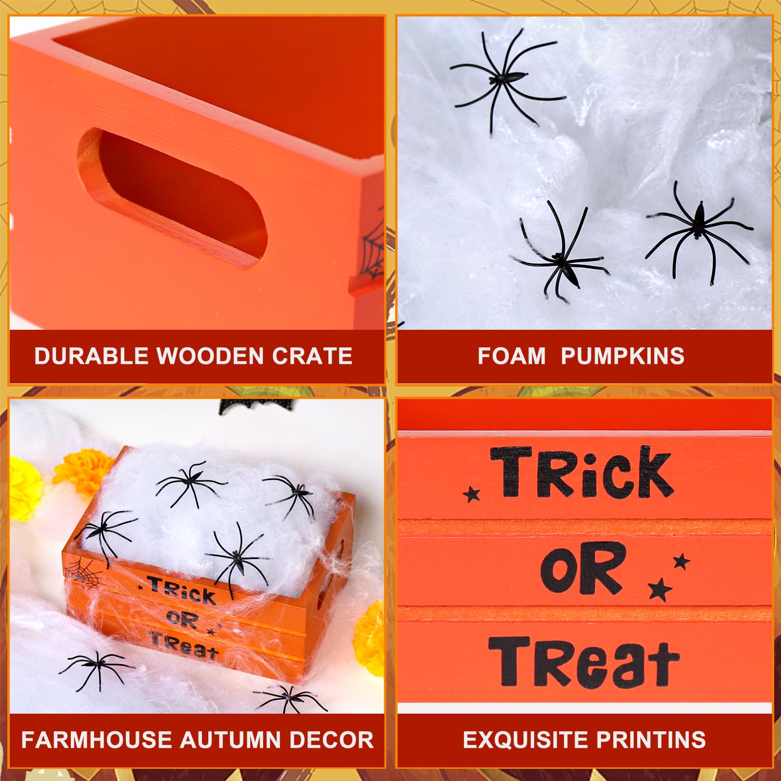 Aweyka Halloween Mini Trick or Treat Wooden Crate, Decorative Wood Crates Crate Box Wooden Storage Box with Spider Cotton and 6 Spider for Tiered Tray Shelf Table Kitchen Home fall Halloween Decor