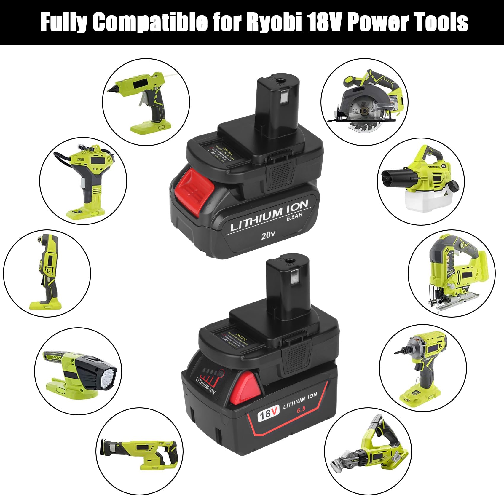 KUNLUN DM18RL Battery Adapter for Ryobi 18V Tools, Convert for Dewalt 20V Battery & Milwaukee M18 Battery to Ryobi 18V Battery P107 P108 with USB Charging Port (Bare Adapter Only)