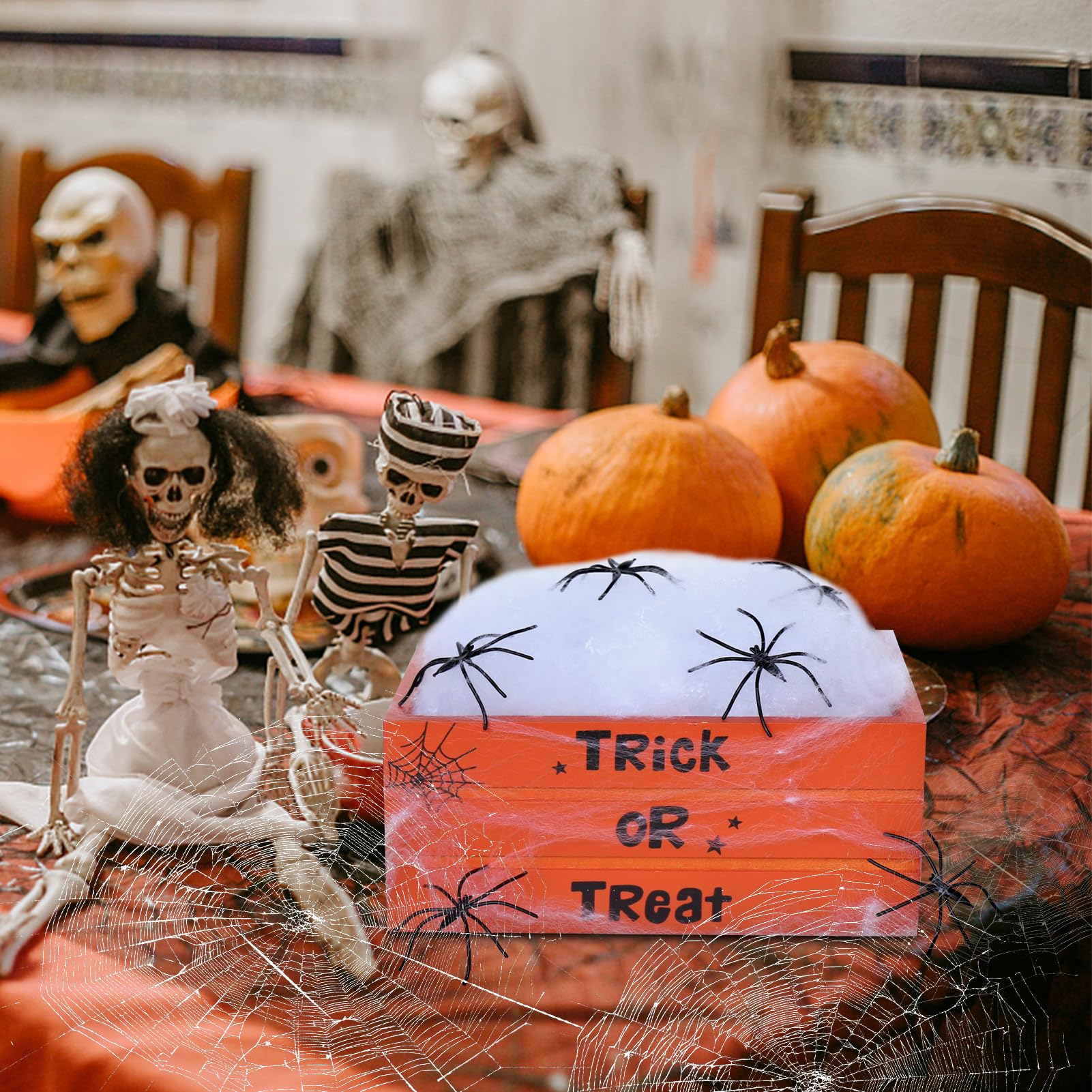 Aweyka Halloween Mini Trick or Treat Wooden Crate, Decorative Wood Crates Crate Box Wooden Storage Box with Spider Cotton and 6 Spider for Tiered Tray Shelf Table Kitchen Home fall Halloween Decor