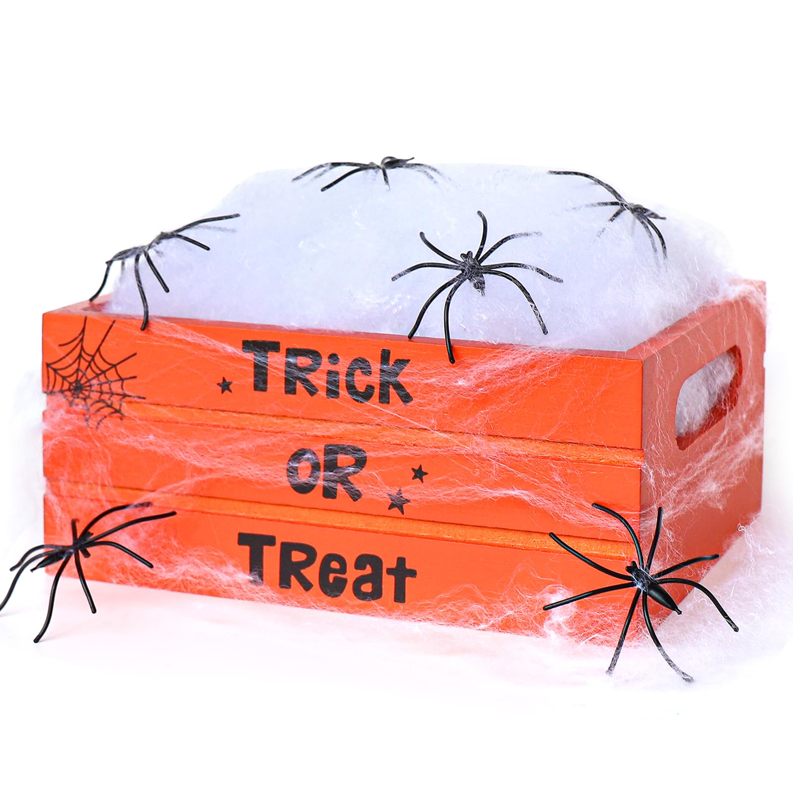Aweyka Halloween Mini Trick or Treat Wooden Crate, Decorative Wood Crates Crate Box Wooden Storage Box with Spider Cotton and 6 Spider for Tiered Tray Shelf Table Kitchen Home fall Halloween Decor