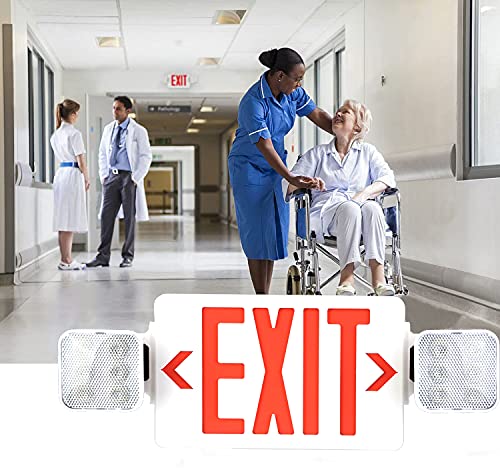 OSTEK Red LED Exit Sign with Emergency Light, Two LED Adjustable Head Emergency Exit Lights with 90 Minutes Battery Backup, Dual LED Lamp ABS Fire Resistance UL-Listed