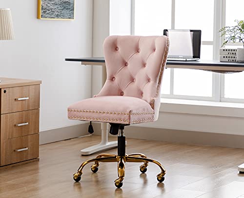 ZHENGHAO Velvet Vanity Chair with Gold Swivel Base, Upholstered Tufted Accent Office Desk Chair, Adjustable Armless Task Chair for Women Living Room Bedroom Makeup, Blush Pink