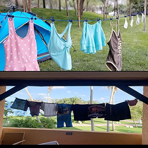 Portable Clothesline with 12pcs Clips, Windproof Travel Camping Clothes line Retractable Elastic Laundry Drying Clothes Line for Backyard, Hotel, Outdoor and Indoor Use, 2 Pack (Black+Blue)