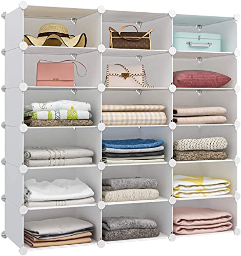 Aeitc Stackable Closet Organizer 6-Shelf Adjustable Space Saver Closet Storage for Folded Clothes and Accessory,White (18 Section)