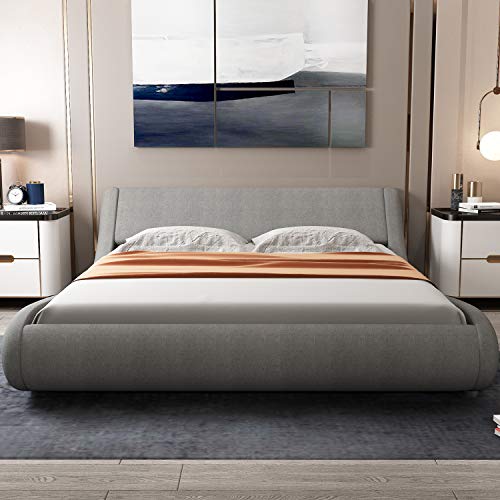 Allewie Queen Size Bed Frame with Curved Adjustable Headboard, 100% Fabric Upholstered Platform Bed, Strong Wooden Slats Support, 10-12'' Mattress Recommended, Grey