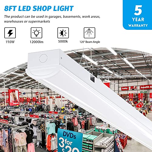 ANTLUX 110W LED Shop Light 8FT Linear Strip Lights Linkable, 12000 Lumens, 5000K, 8 Foot Garage Lights, Surface Mount and Hanging Ceiling Lighting Fixture, 2 Pack