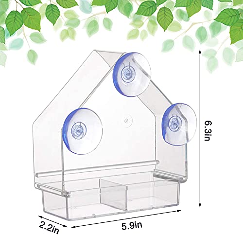 Window Bird Feeder for Outside with 3 Strong Suction Cups,Acrylic Transparent Bird Feeder Sliding Tray and Drain Holes,Easy to Clean and Fill,Clear Acrylic for Bird Viewing by Meiyiu