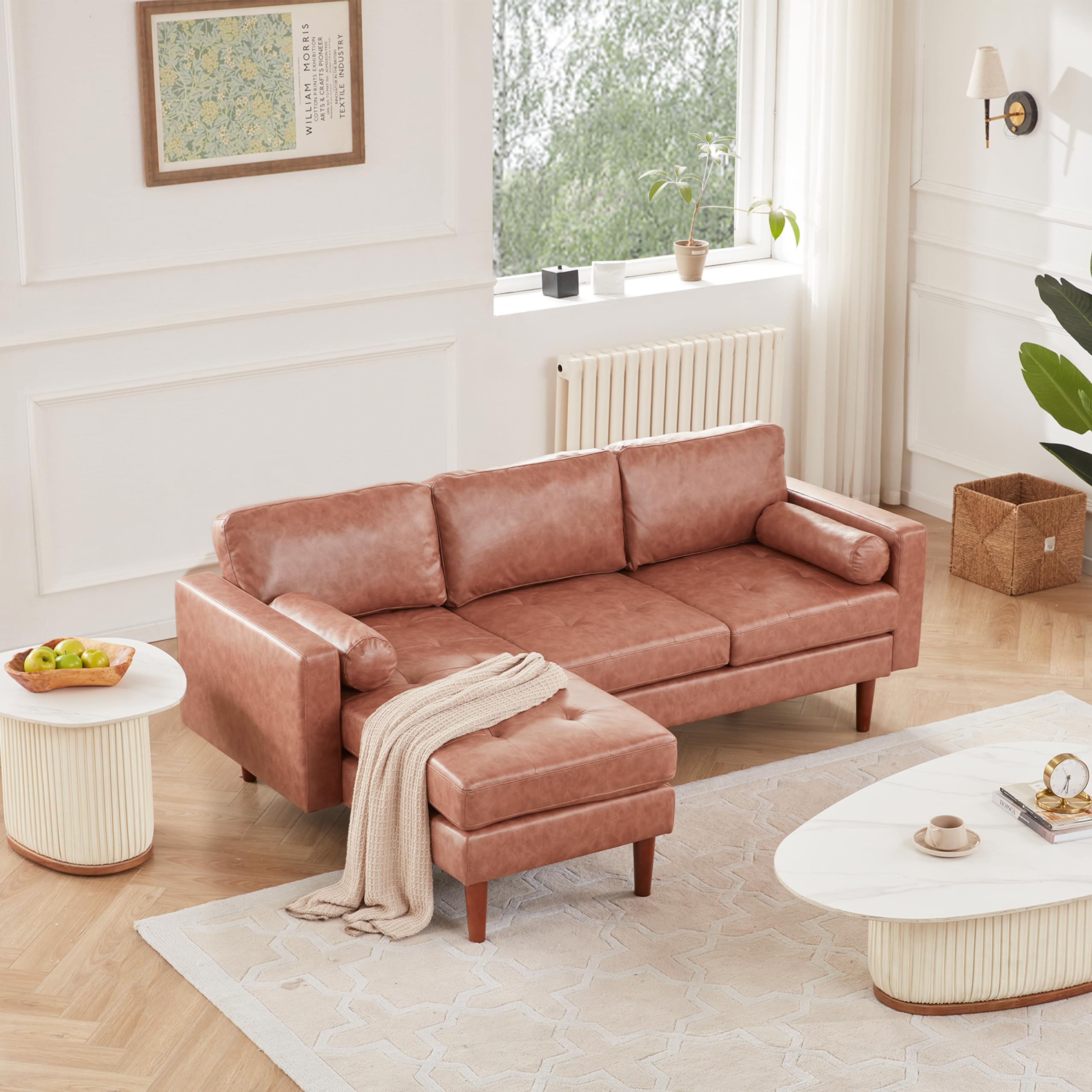 Tbfit 80"W Sectional Sofa Couch, L Shaped Couch with Reversible Chaise, Mid Century Modern Faux Leather Couches for Living Room Apartment Small Space, Convertible Sofa with Tufted Seat Cushion, Brown