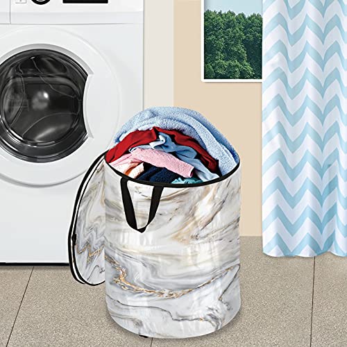xigua Marble Ink Texture Pop Up Laundry Hamper Bucket Cylindric, Foldable Clothes Bag, Folding Washing Bin,Large Capacity Zipper Lid Laundry Storage Basket