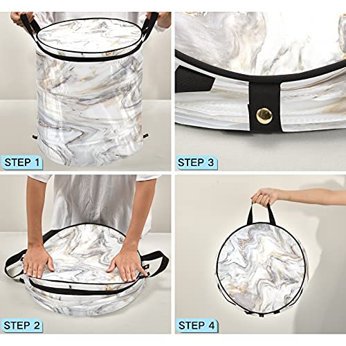 xigua Marble Ink Texture Pop Up Laundry Hamper Bucket Cylindric, Foldable Clothes Bag, Folding Washing Bin,Large Capacity Zipper Lid Laundry Storage Basket