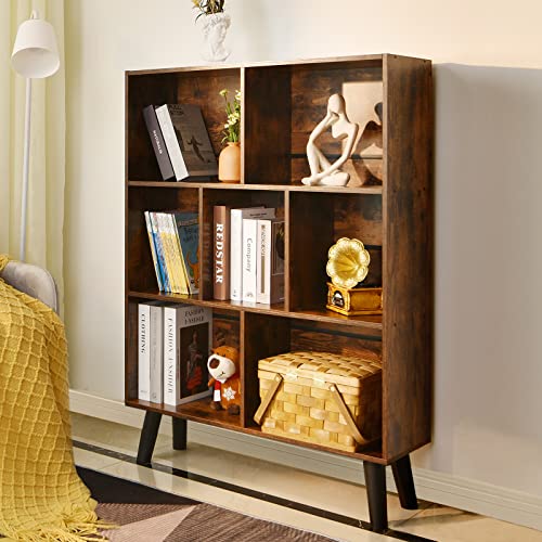 LEYAOYAO Cube Bookshelf 3 Tier Mid-Century Modern Bookcase with Legs,Retro Wood Bookshelves Storage Organizer Shelf,Freestanding Open Book Shelves,Rustic Brown Bookcases for Bedroom,Living Room,Office