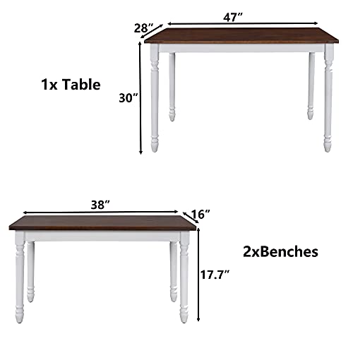 Harper & Bright Designs 3-Piece Retro Farmhouse Dining Set, Wood Kitchen Dining Table Set with 2 Benches, Cherry+White