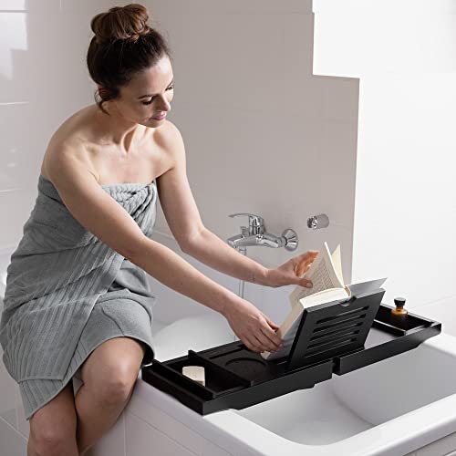 Navaris Bed and Bath Tray - Wooden Rack with Folding Legs - Bamboo Bathtub Caddy Bridge Shelf with Book or Tablet Stand - Black