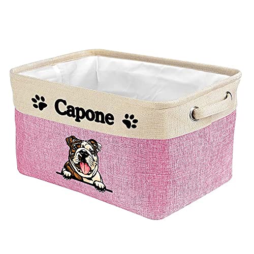 MALIHONG Personalized Foldable Storage Basket with Cute Dog English Bulldog Collapsible Sturdy Fabric Pet Toys Storage Bin Cube with Handles for Organizing Shelf Home Closet, Pink and White
