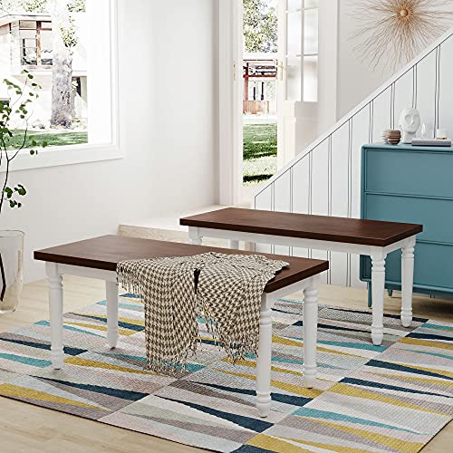 Harper & Bright Designs 3-Piece Retro Farmhouse Dining Set, Wood Kitchen Dining Table Set with 2 Benches, Cherry+White