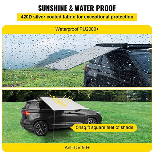 VEVOR Car Side Awning, 6.6'x8.2', Pull-Out Retractable Vehicle Awning Waterproof UV50+, Telescoping Poles Trailer Sunshade Rooftop Tent w/ Carry Bag for Jeep/SUV/Truck/Van Outdoor Camping Travel, Grey