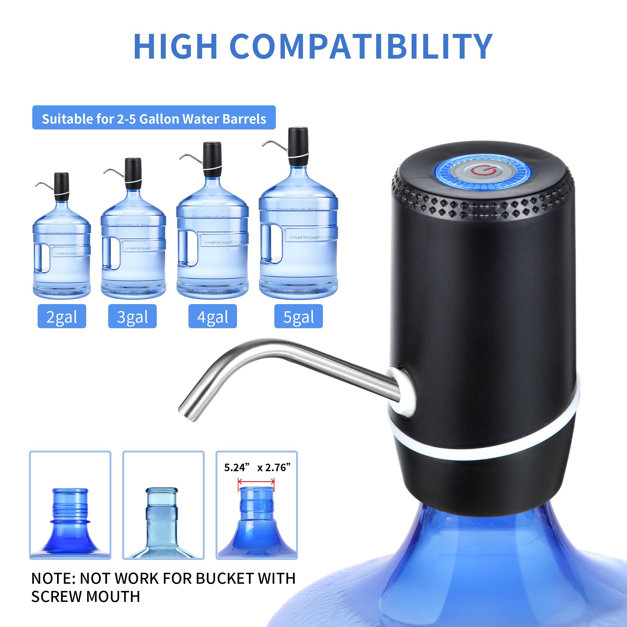 2 Pack Water Dispenser Pump for 5 Gallon Bottle, Electric Automatic Drinking Water Bottle Dispenser with Switch, Portable USB Charging Drinking Water Jug Pump for Camping, Kitchen, Home, Office