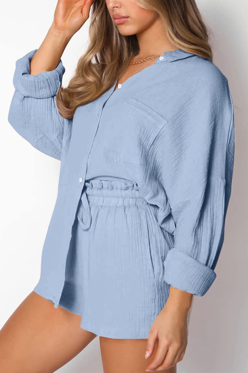 Trendy Queen Two Piece Sets For Women Summer Short Sets Beach Vcation Lounge Pajama 2 Piece Spring Outfits Fashion 2025 SkyBlue S