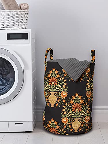 Lunarable Bohemian Art Laundry Bag, Flowers and Khaki Leaves in Vintage Folk Vase Design Pattern, Hamper Basket with Handles Drawstring Closure for Laundromats, 13" x 19", Dark Taupe Grey and Amber