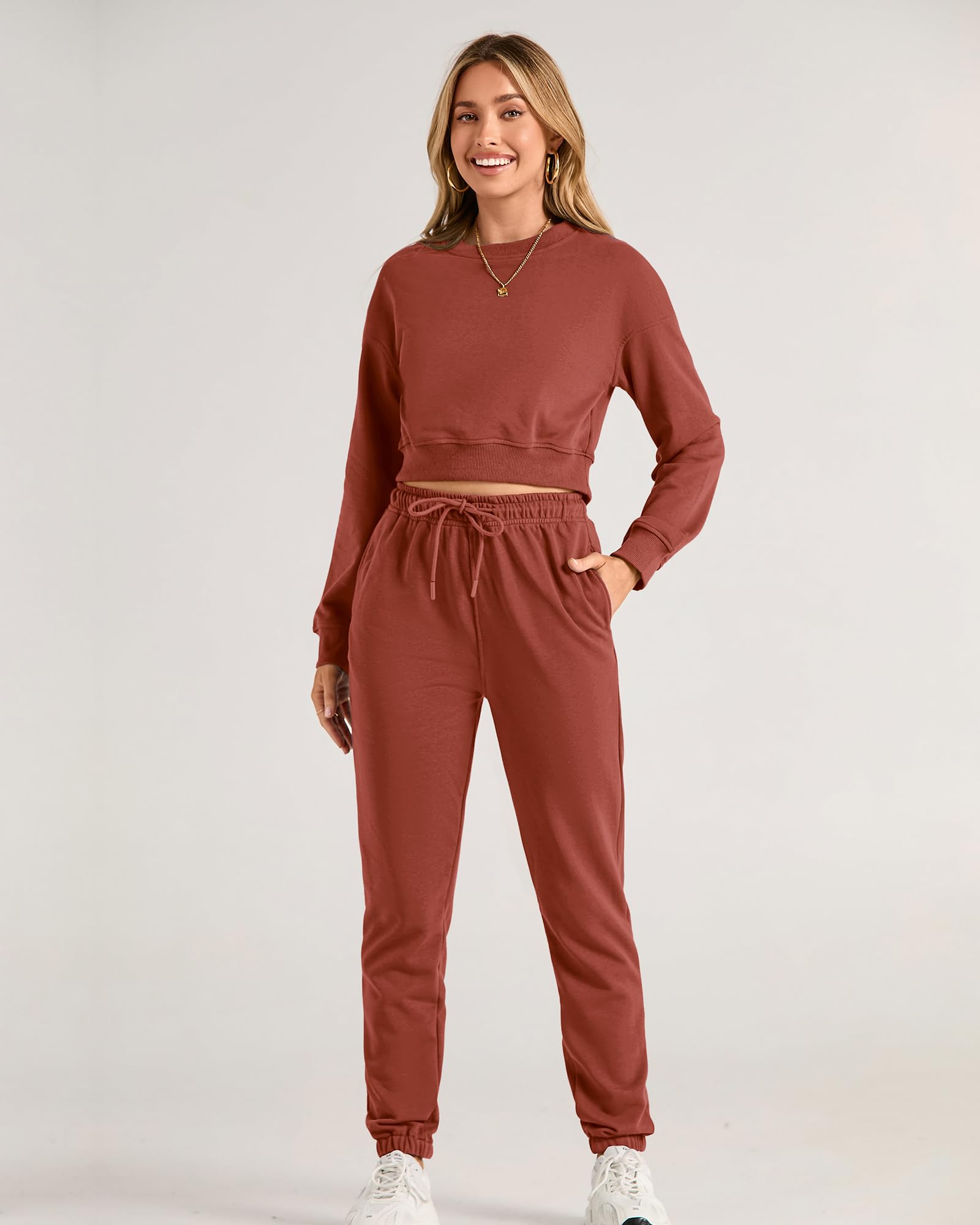 BTFBM Women 2 Piece Outfits Long Sleeve Crop Top Pullover Drawstring Pant Jogger Set Casual Sweatsuits Tracksuit Pockets(Solid Brick Red, X-Large)