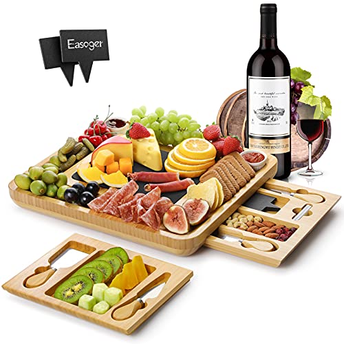Easoger Large Charcuterie Board (28"×13"×1.6") with 2 Drawers, Bamboo Cheese Board with Knife Set, 2 Ceramic Bowl, Cutting Protection Natural Slate and Non-slip Feet, ideal for Housewarming Gift