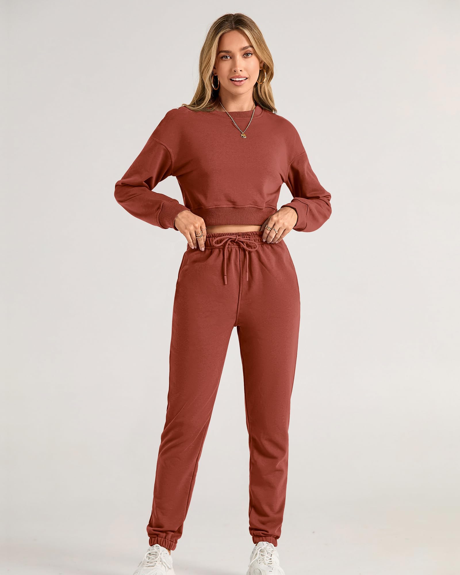 BTFBM Women 2 Piece Outfits Long Sleeve Crop Top Pullover Drawstring Pant Jogger Set Casual Sweatsuits Tracksuit Pockets(Solid Brick Red, X-Large)