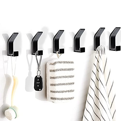 CFGROW Heavy Duty Adhesive Hook, 6 Packs Black, Coat Robe Clothes Bath Towel Hooks Wall Mounted with Strong Glue Hold 22 lbs for Home Bathroom Kitchen Modern Hotel Style, Free-Drill Ceiling Holders