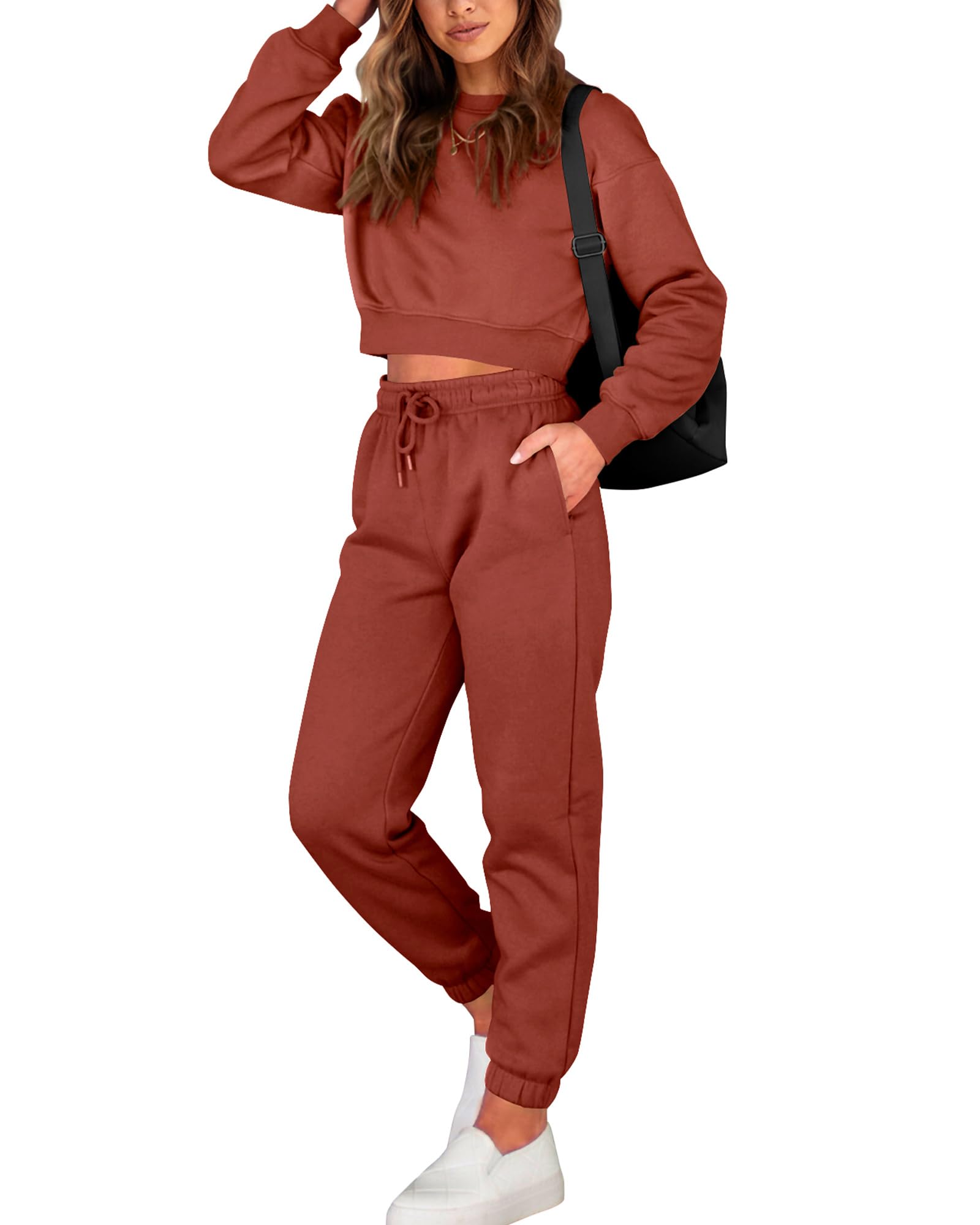 BTFBM Women 2 Piece Outfits Long Sleeve Crop Top Pullover Drawstring Pant Jogger Set Casual Sweatsuits Tracksuit Pockets(Solid Brick Red, X-Large)