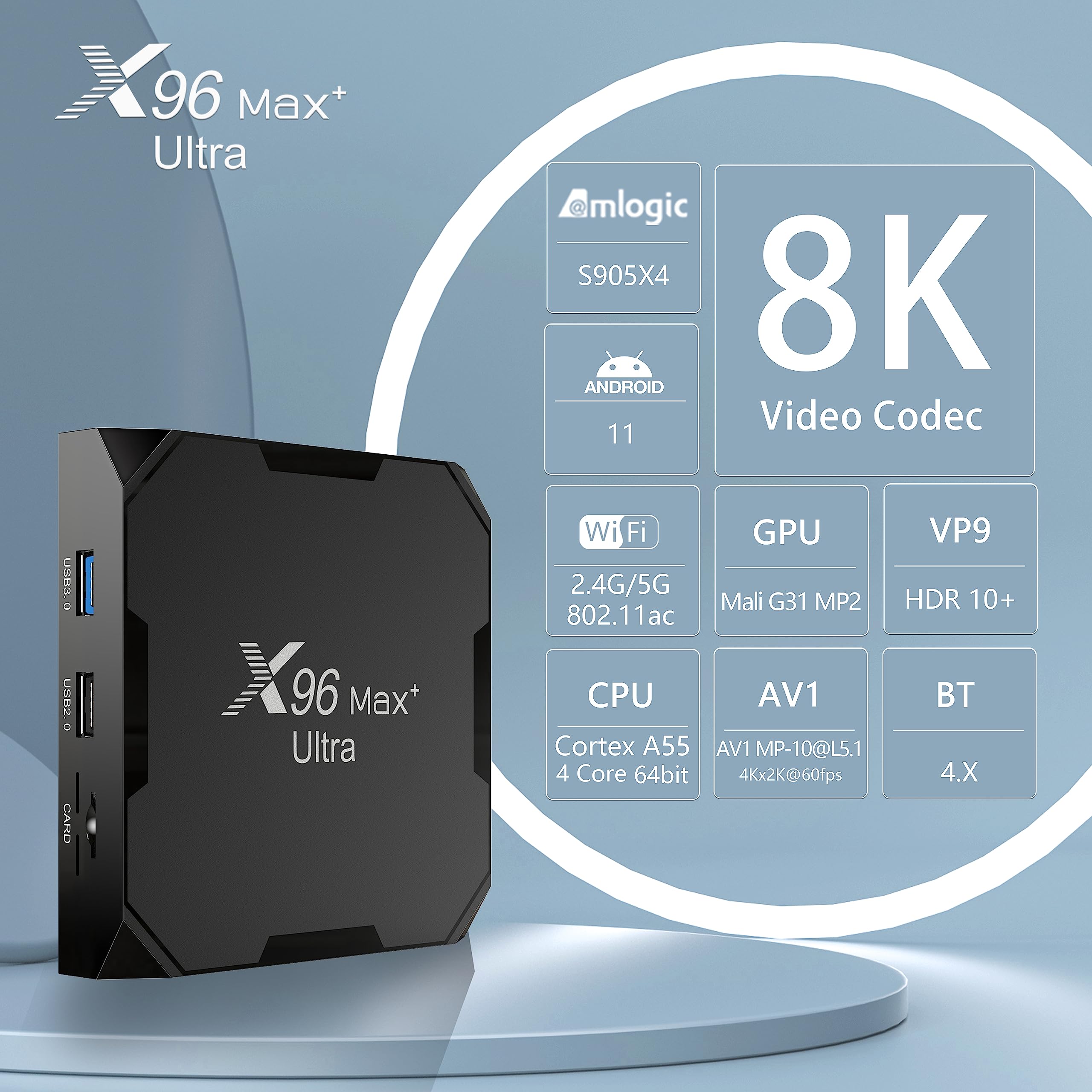 VTNIU X96 Max Plus Ultra TV Box Android 11 Amlogic S905X4 4GB 32GB Support AV1 HDMI 8K Video Decoding Dual-WiFi 2.4G 5G Blue Tooth 4.x USB 3.0
