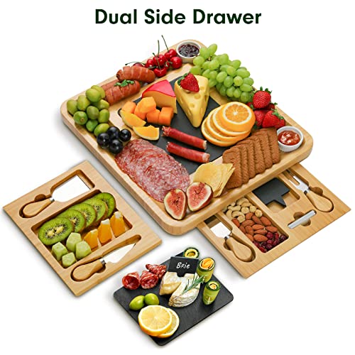 Easoger Large Charcuterie Board (28"×13"×1.6") with 2 Drawers, Bamboo Cheese Board with Knife Set, 2 Ceramic Bowl, Cutting Protection Natural Slate and Non-slip Feet, ideal for Housewarming Gift