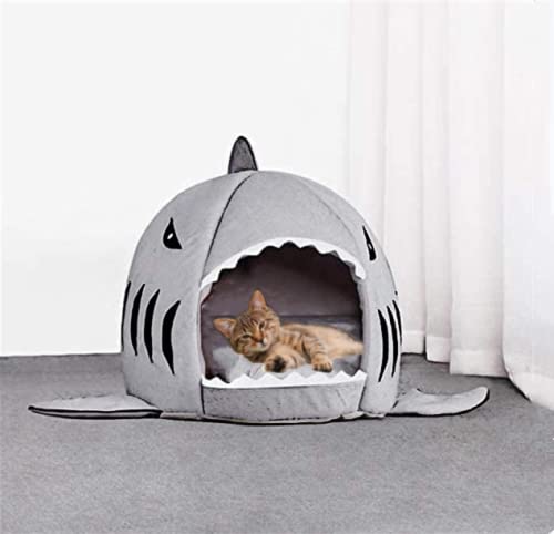 Shark-Shaped House Pet Bed with One Cushion and One Warm Kennels, Cat Bed Small Cat and Dog Cave Comfort Bed, Removable Pet Bed(Light Grey)