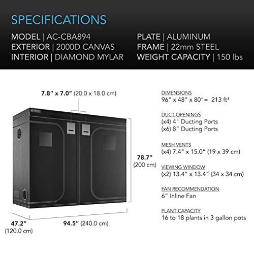 AC Infinity CLOUDLAB 894 Advance Grow Tent, 96”x48”x80” Thickest 1 in. Poles, Highest Density 2000D Diamond Mylar Canvas, 8x4 for Hydroponics Indoor Growing