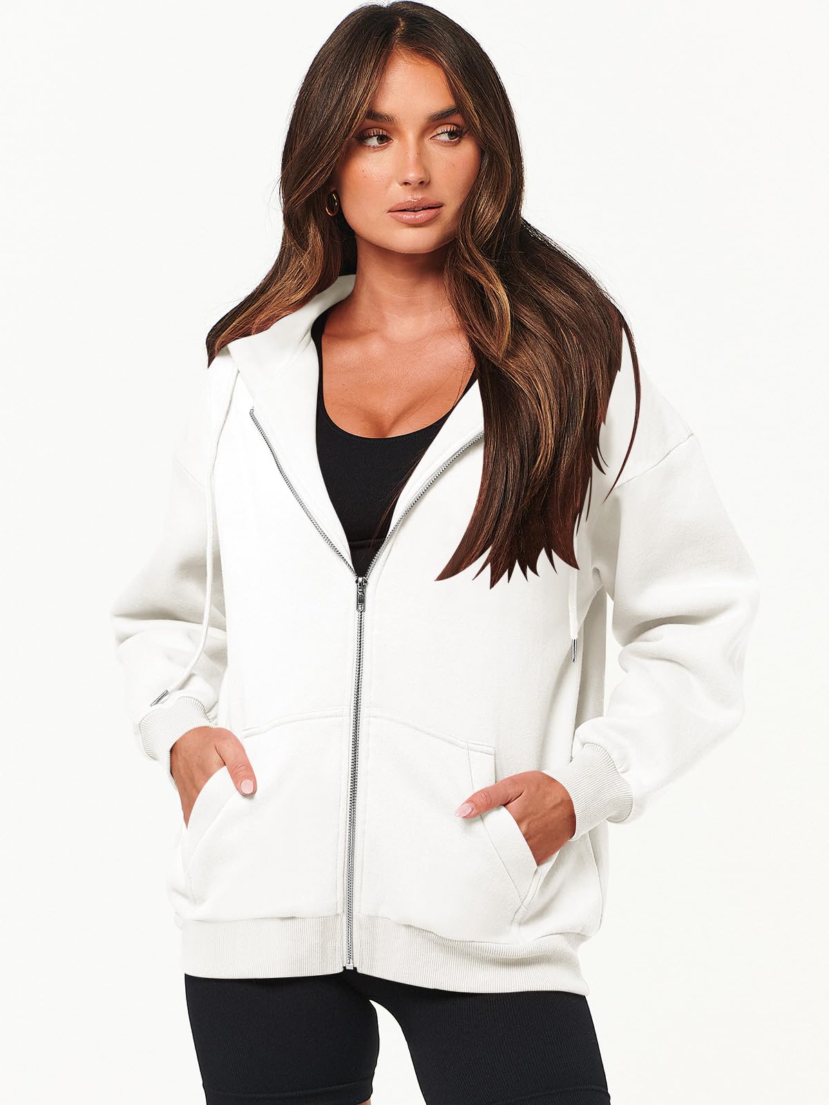 Prinbara Women's Aesthetic Clothes 2023 Zip Up Hoodies Fall Jacket Oversized Sweatshirts Casual Drawstring Y2K Hoodie with Pocket White 9PA89-baise-M,JM23