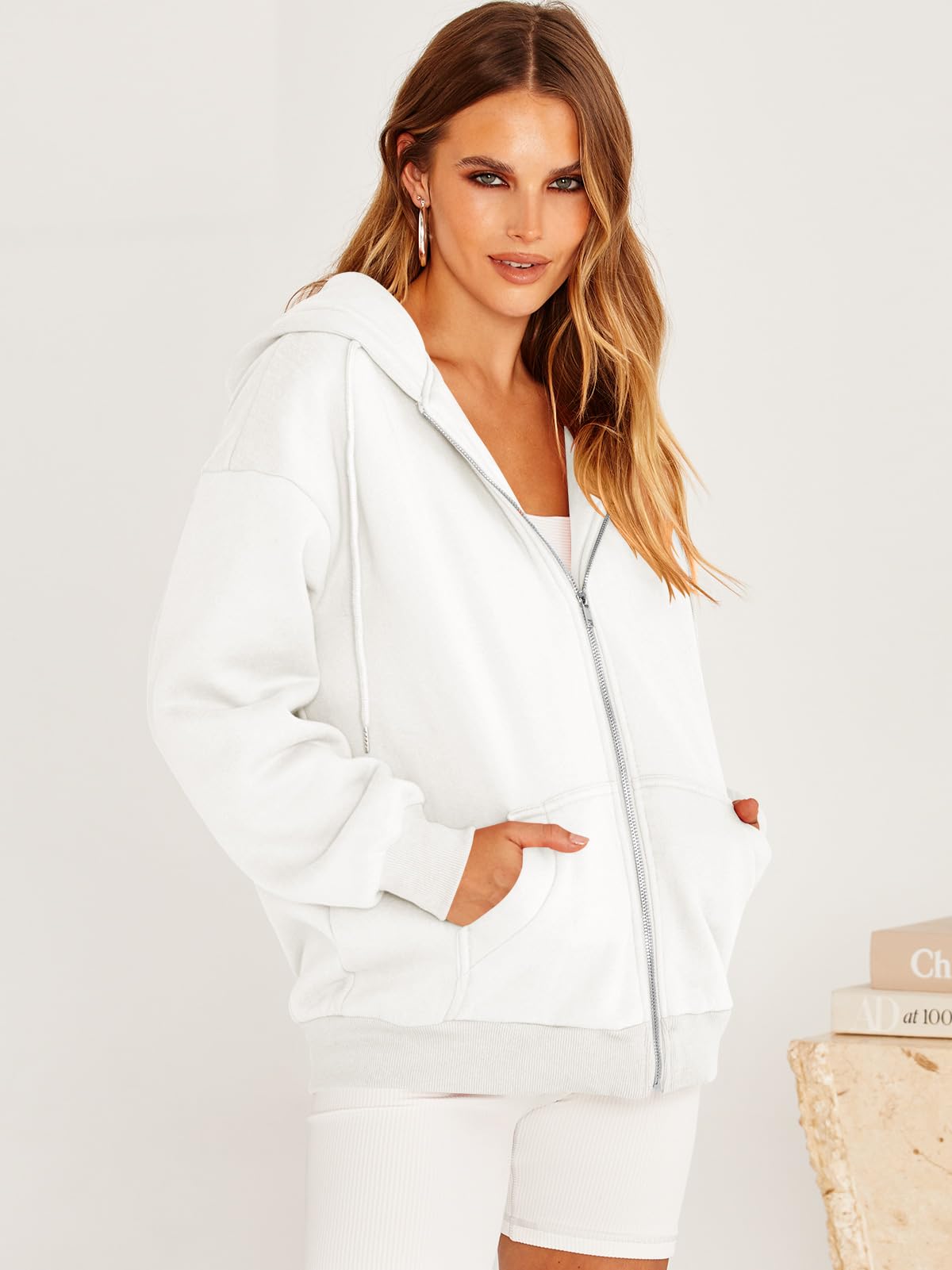 Prinbara Women's Aesthetic Clothes 2023 Zip Up Hoodies Fall Jacket Oversized Sweatshirts Casual Drawstring Y2K Hoodie with Pocket White 9PA89-baise-M,JM23