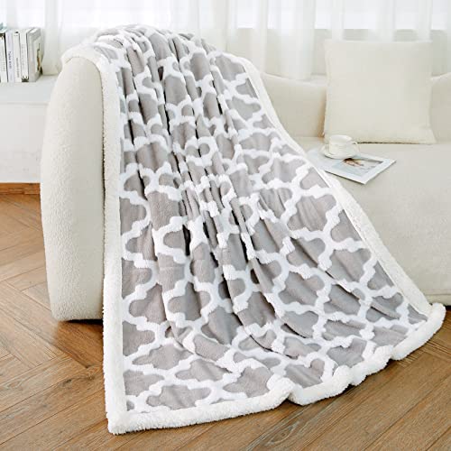 Soft Sherpa Shaggy Fleece Blanket Gray - Fuzzy Fluffy Super Soft Furry Plush Decorative Blanket Dual Sided Throw Size fit Couch Sofa Thick Warm Cozy Blanket, Quatrefoil Pattern 50x60 inches，420GSM