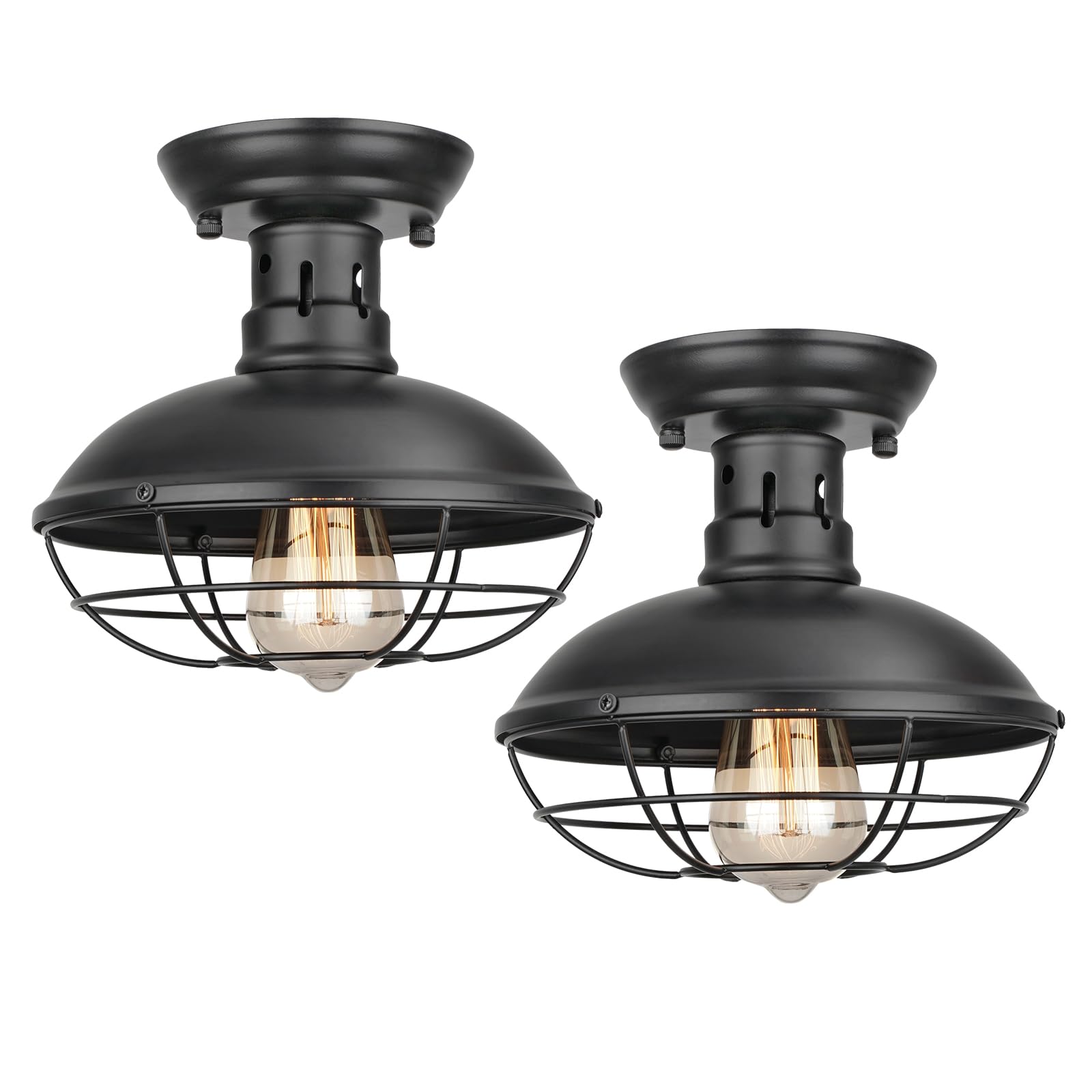2 Pack Farmhouse Flush Mount Ceiling Light - Easric Industrial Ceiling Light Fixture Rustic Black Metal Cage Close to Ceiling Lamp E26 Base for Hallway Foyer Kitchen Porch