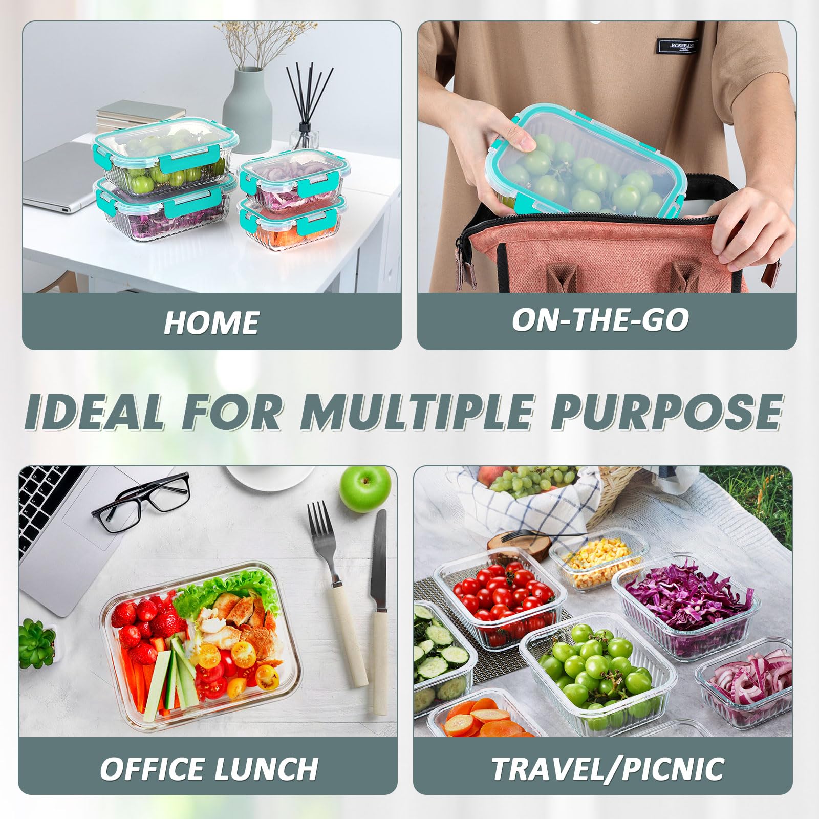 KOMUEE 10 Packs Glass Meal Prep Containers with Lids, Glass Food Storage Containers Set, Airtight Lunch Containers, Microwave, Oven, Freezer and Dishwasher Safe, Green