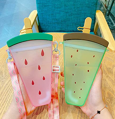 Yunqin plastic water bottle cute watermelon ice cream water bottle with straws anti-fall portable popsicle cup outdoor sports (Green)
