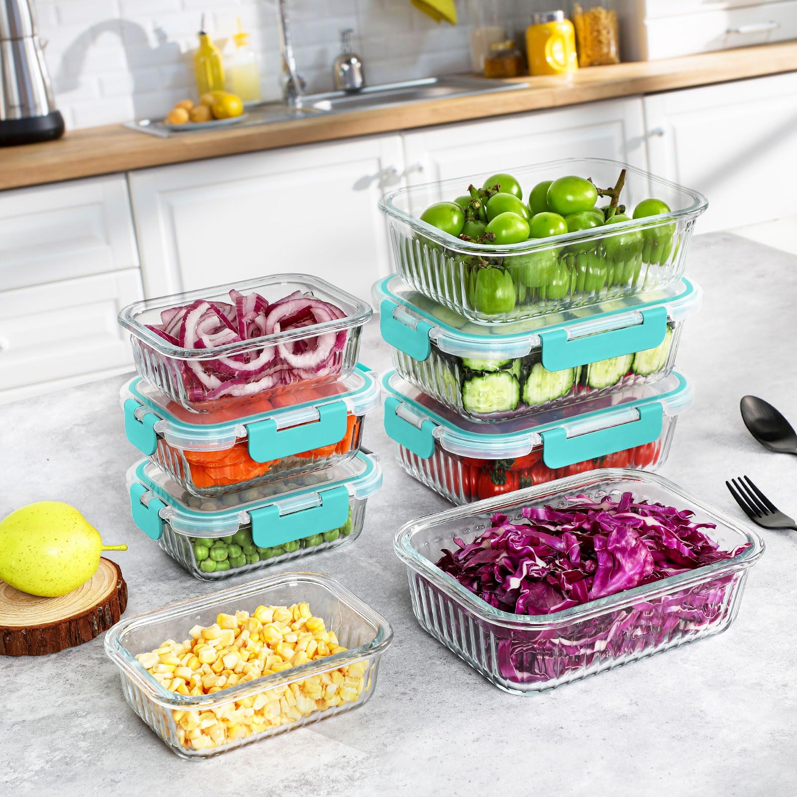 KOMUEE 10 Packs Glass Meal Prep Containers with Lids, Glass Food Storage Containers Set, Airtight Lunch Containers, Microwave, Oven, Freezer and Dishwasher Safe, Green