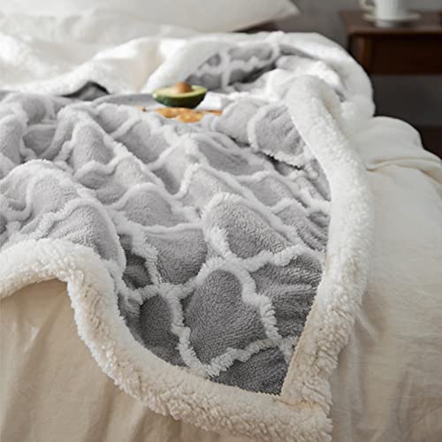 Soft Sherpa Shaggy Fleece Blanket Gray - Fuzzy Fluffy Super Soft Furry Plush Decorative Blanket Dual Sided Throw Size fit Couch Sofa Thick Warm Cozy Blanket, Quatrefoil Pattern 50x60 inches,420GSM