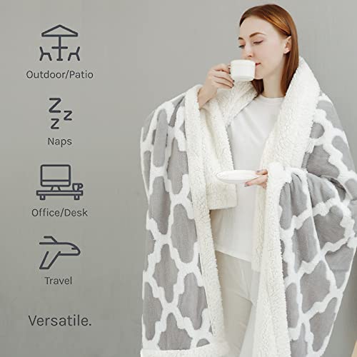 Soft Sherpa Shaggy Fleece Blanket Gray - Fuzzy Fluffy Super Soft Furry Plush Decorative Blanket Dual Sided Throw Size fit Couch Sofa Thick Warm Cozy Blanket, Quatrefoil Pattern 50x60 inches,420GSM