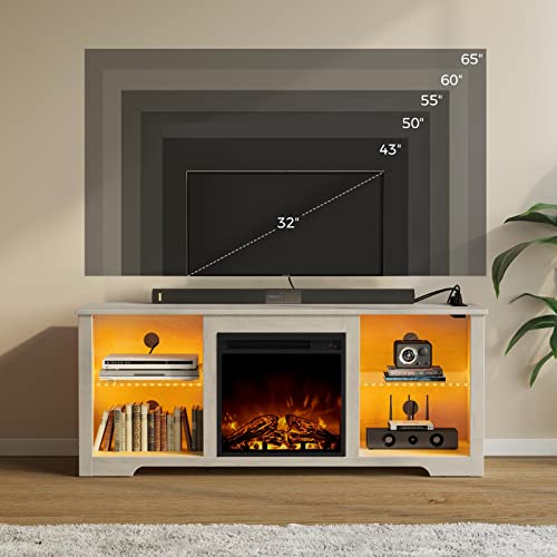 Rolanstar Fireplace TV Stand with LED Lights and Power Outlets, TV Console for 43" 50" 55" 60" 65", Entertainment Center with Adjustable Glass Shelves, White