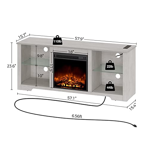 Rolanstar Fireplace TV Stand with LED Lights and Power Outlets, TV Console for 43" 50" 55" 60" 65", Entertainment Center with Adjustable Glass Shelves, White