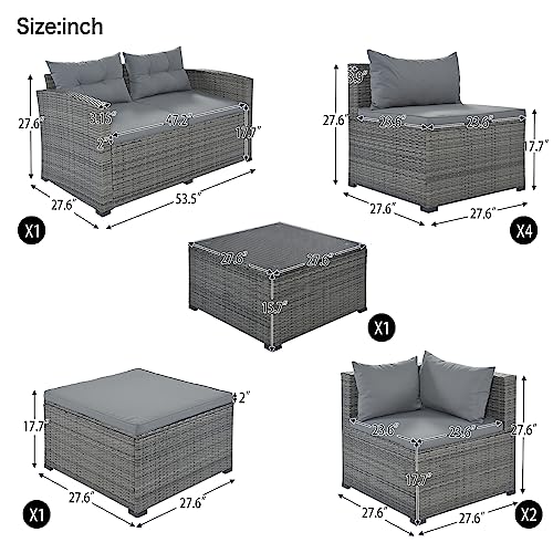 KASUE Outdoor PE Wicker Sofa 9-Piece Set - Perfect for Outdoor Spaces, Gardens, and Poolside, Gray Wicker, Gray Cushion