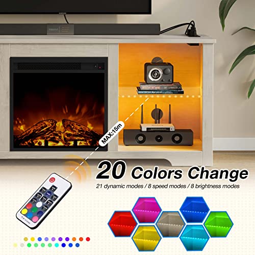 Rolanstar Fireplace TV Stand with LED Lights and Power Outlets, TV Console for 43" 50" 55" 60" 65", Entertainment Center with Adjustable Glass Shelves, White